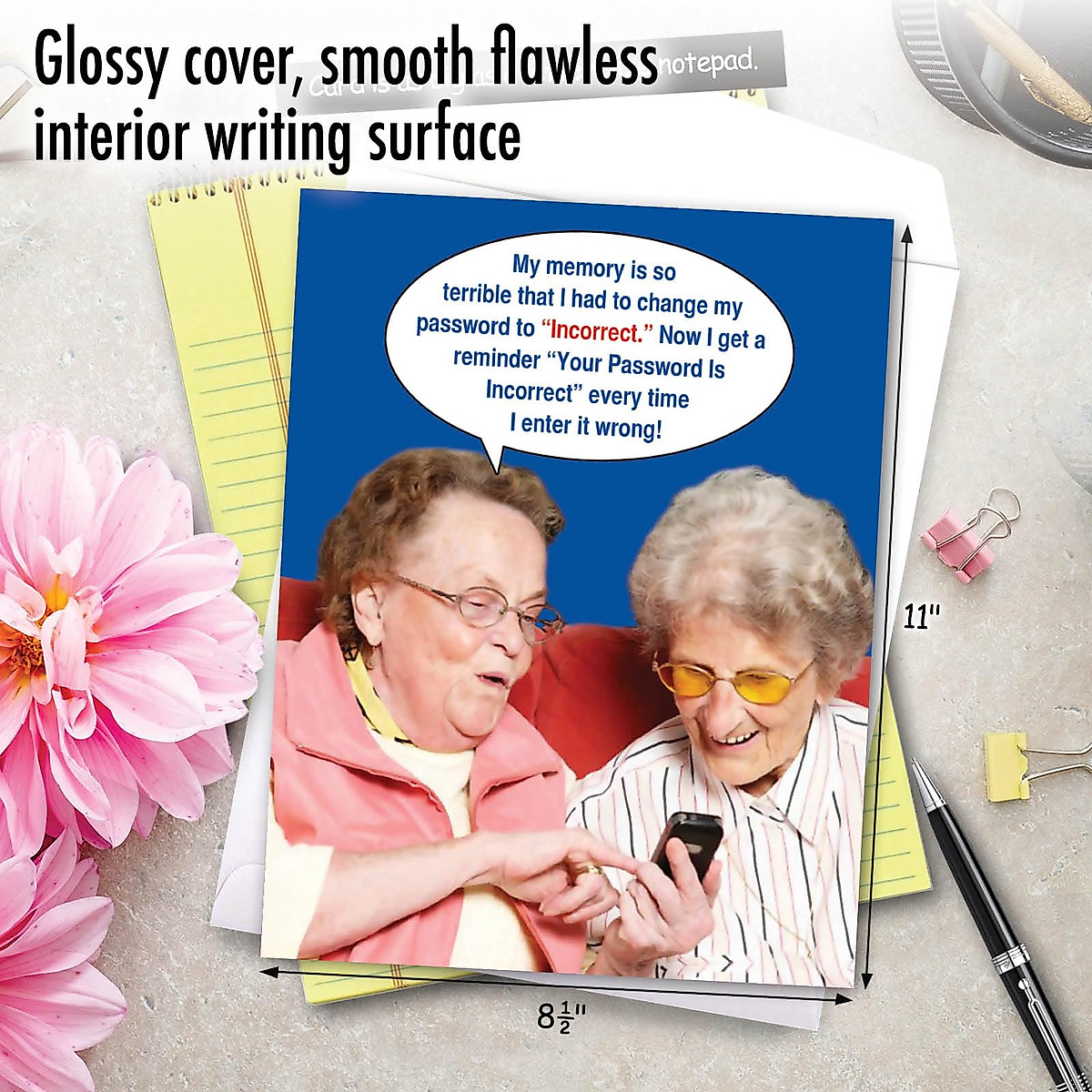 NobleWorks - 1 Big Humorous Happy Birthday Appreciation Card 8.5 x 11 Inch with Envelope, Jumbo Greeting a Funny Cell Phone Congratulations for Grandma and Old Ladies - Incorrect Password J9912