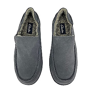 Clarks Mens Suede Slipper With Collapse Heel and Twin Gore JMH2043 - Warm Plush Faux Sherpa Lining - Indoor Outdoor House Slippers For Men (12 M US, Grey)
