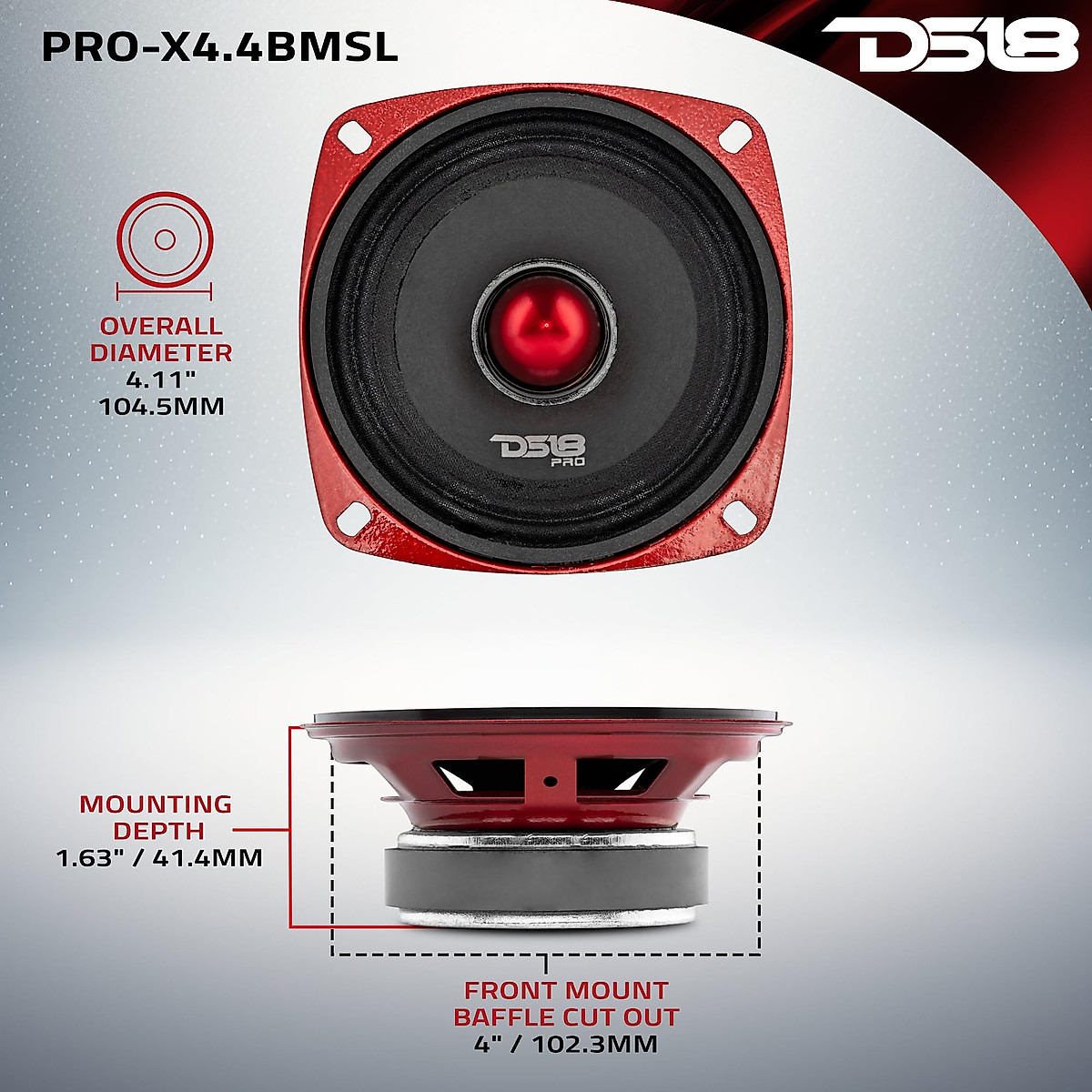 DS18 PRO-X4.4BMSL Car Speaker 4" Shallow Mid-Range Loudspeaker with Bullet 200 Watts Max Power 100 Watts RMS 4-Ohm - Boost Your Sound System’s Volume - 1 Speaker