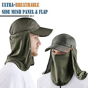 ELLEWIN Outdoor Fishing Flap Hat UPF50 Sun Cap Removable Mesh Face Neck Cover, D-army Green/ Mesh Neck Cover, M-L-XL