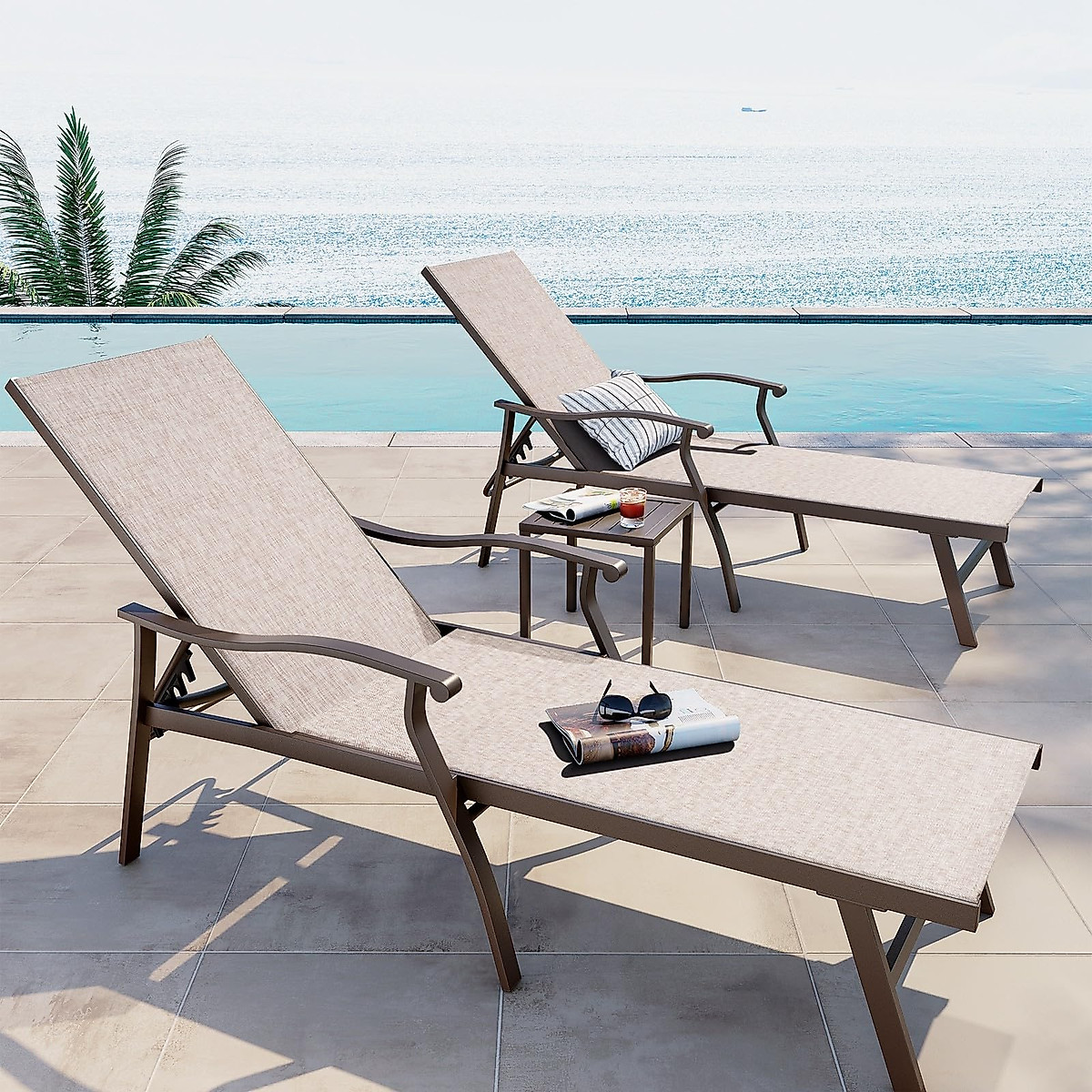 Crestlive Products Aluminum Chaise Lounge Set of 3,Patio Lounge Chairs Five-Position and Full Flat Outdoor Recliner All Weather for Patio, Beach, Yard, Pool (3PCS Beige)