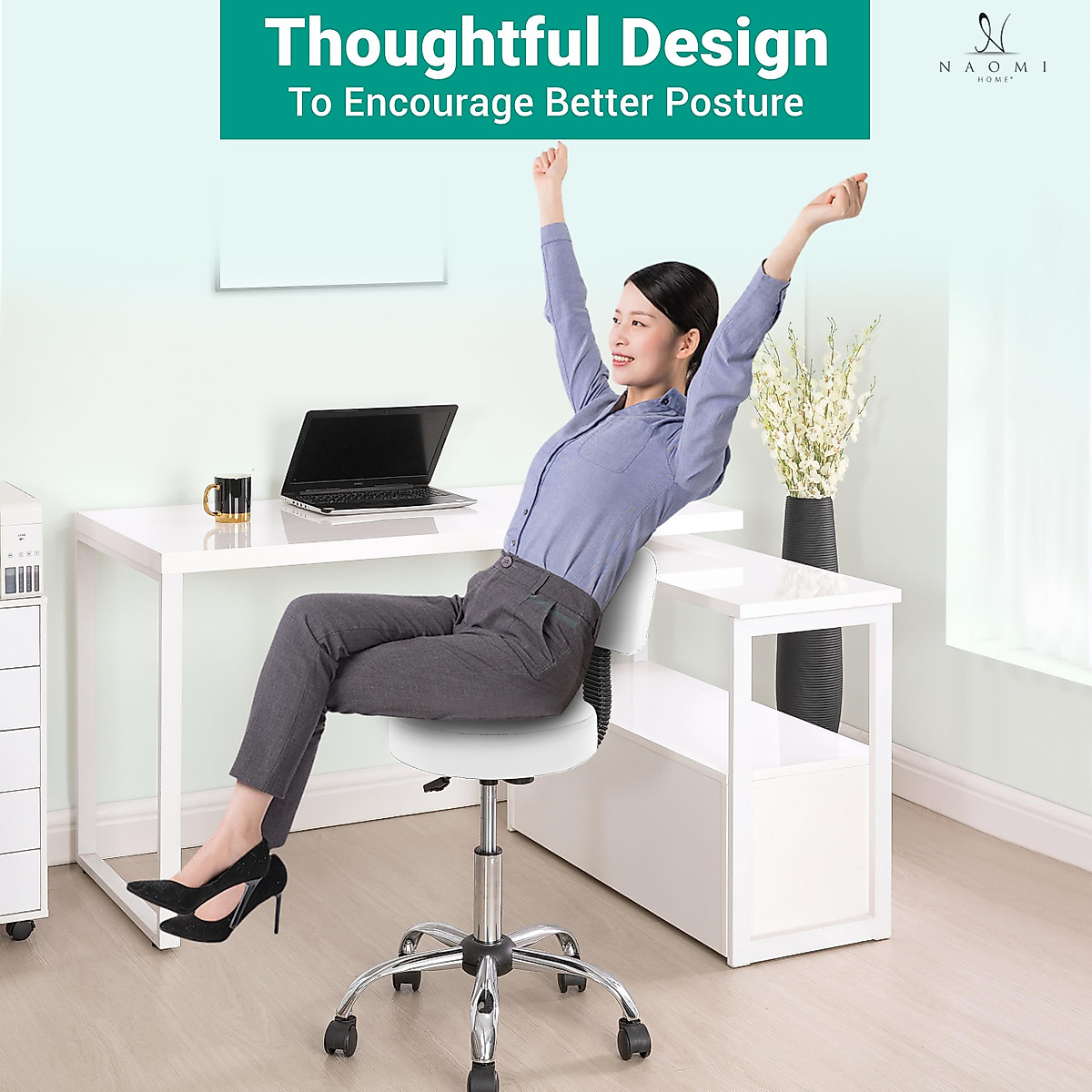 Naomi Home Mara Adjustable Stool with Wheels and Backrest, Office Rolling Stools with Wheels, PU Leather Drafting Stools,Swivel Stool with Back Rest, Small Rolling Chair, White