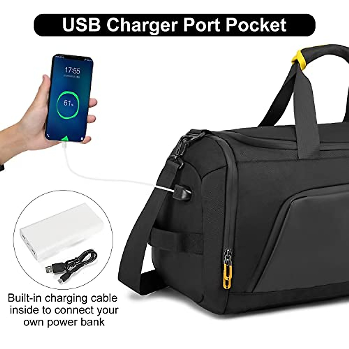 Gym Duffle Bag for Men Women, Travel Duffel Bag Backpack with Shoe Compartment & Wet Pocket, 50L Waterproof Sports Overnight Weekender Bag with USB Port, Black