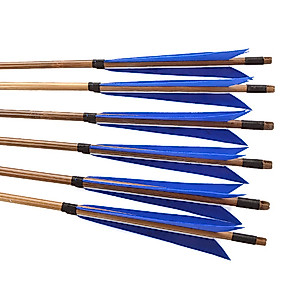 SHARROW 6 Pack 33 inch Traditional Bamboo Arrows Target Practice Arrow with 5 inch Tureky Feather and Broadheads for Recurve Bow Longbow (Blue)