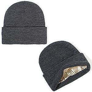 Unisex Satin Lined Winter Beanie for Women Men Silky Lining Slouchy Skull Cap Knitted Cuffed Skiing Knit Hat(Black & Dark Grey)