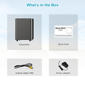 BESTISAN Powered Subwoofer, Deep Bass Subwoofer, Down Firing Sub in Compact Size, Easy Setup with Home Theater System, TV, Receiver, Speakers Coaxial Cable Included, Black