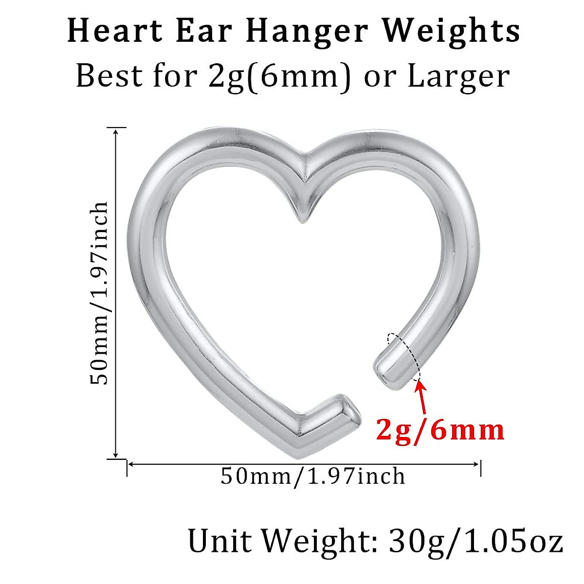 LADEMAYH Ear Weights for Stretched Ears, Heart 2g Gauges Earrings Dangle Gauges for Women, Silver Surgical Steel Ear Hangers Weighted Gauges Body Jewelry