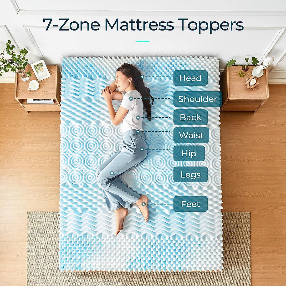 LINSY LIVING 7 Zones King Mattress Topper, Cooling Gel Infused Memory Foam, Soft Foam Mattress Topper King, King Size Bed Topper, CertiPUR-US Certified