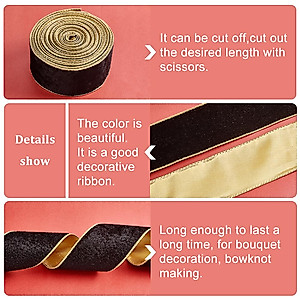 OLYCRAFT 10 Yards Velvet Wired Ribbon 2.5 Inch Black Gold Soft Velvet Ribbon Wired Black Flat Cotton Ribbons with Gold Backing for Gift Wrapping DIY Crafts Bouquet Decorations