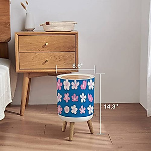 Trash Can with Lid Set of 21 Cherry Blossom Illustrations Press Cover Small Garbage Bin Round with Wooden Legs Waste Basket for Bathroom Kitchen Bedroom 7L/1.8 Gallon