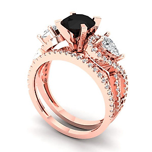 2.1 ct Round Cut Solitaire 3 stone Natural Black Onyx Designer Art Deco Statement Wedding Ring Band Set 18K Rose Gold 8