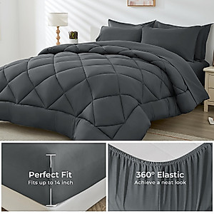 HEVUMYI Twin Comforter Set - 5-Piece All Season Bed in a Bag Twin, Ultra Soft Bedding Set with Comforter, Flat Sheet, Fitted Sheet, Pillowcases, Pillow Shams, Dark Grey