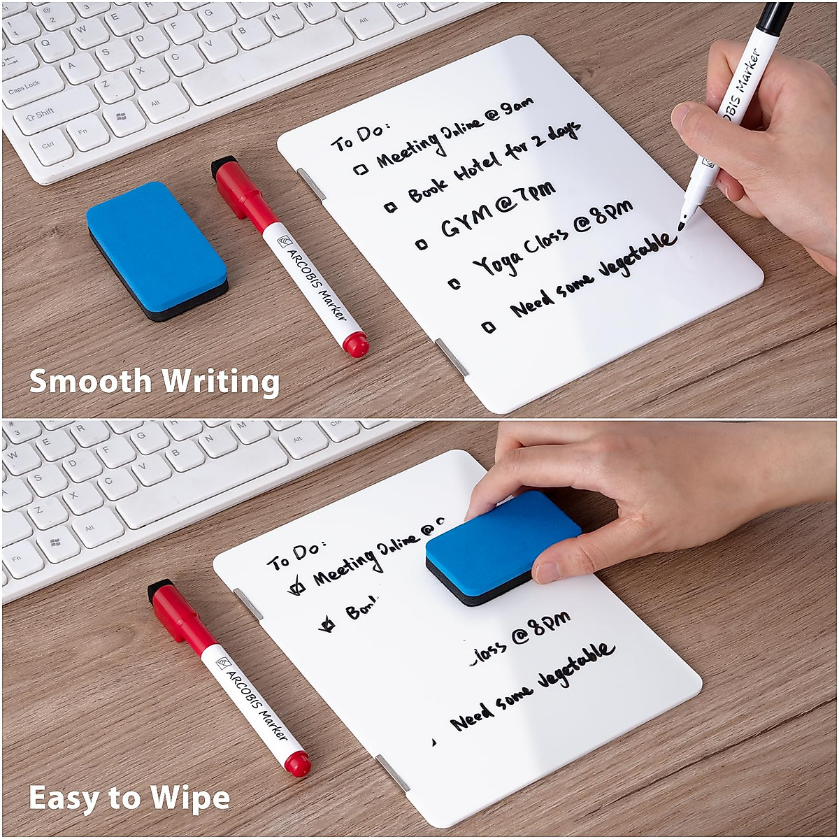 ARCOBIS Acrylic Dry Erase White Board with Side Magnets, 3 Pcs Magnetic Memo Whiteboard with 2 Markers and 1 Eraser, Removable to-Do List Board for Computer Monitor, Refrigerator, Desk
