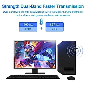 USB WiFi Adapter for PC 1300Mbps Dual Band 2.4GHz/400Mbps & 5GHz/867Mbps 5dBi High Gain Dual Antenna 802.11AC USB WiFi Adapter for WIN7 8 8.1 10 XP Vista Mac OS 10.9-10.15 Wireless Adapter for Desktop