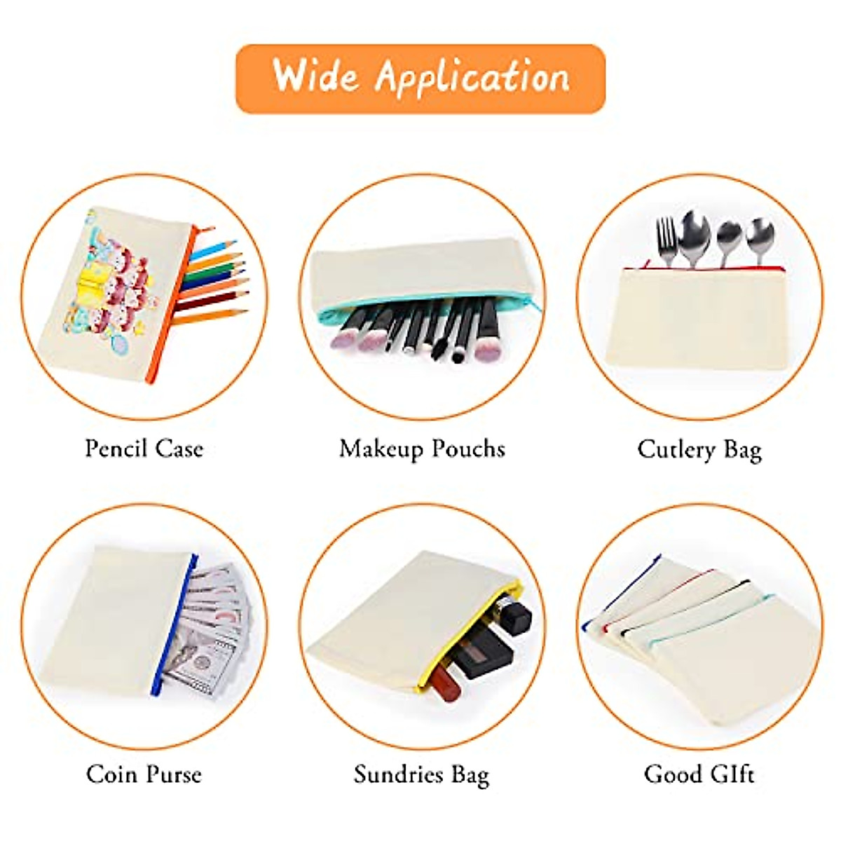 LUPBOK 40Pcs Blank DIY Craft Bag Canvas Pen Pencil Pouch Bags Canvas Zipper Pouch Cute Makeup Bag Travel Cosmetic Bag,L