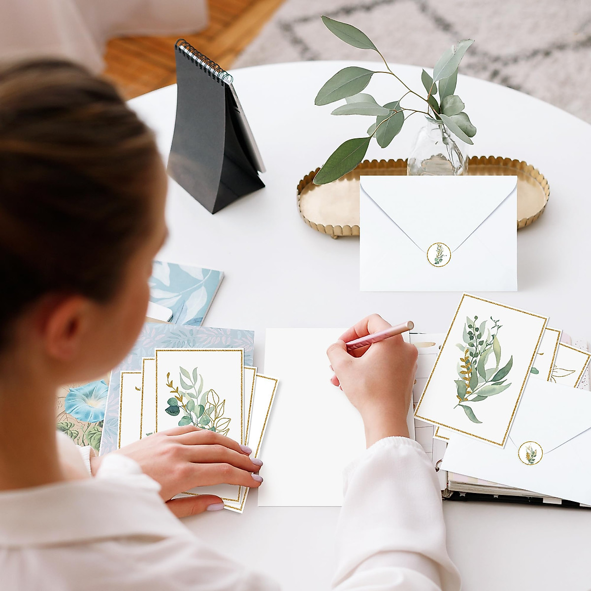 BeYumi 85Pcs Gold Greenery Greeting Cards with Envelopes Stickers Watercolor Botanical Note Cards Green Plant Thank You Blank Card for Birthday Wedding Graduation Anniversary Baby Shower Bridal Shower