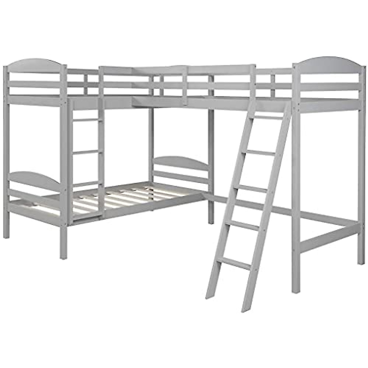 STP-Y Twin Over Twin Bunk Bed with 2 Ladders, Twin L-Shaped Bunk Bed and Loft Bed with Full-Length Guardrail, 3 Solid Wooded Bed Frames for Kids (Gray)