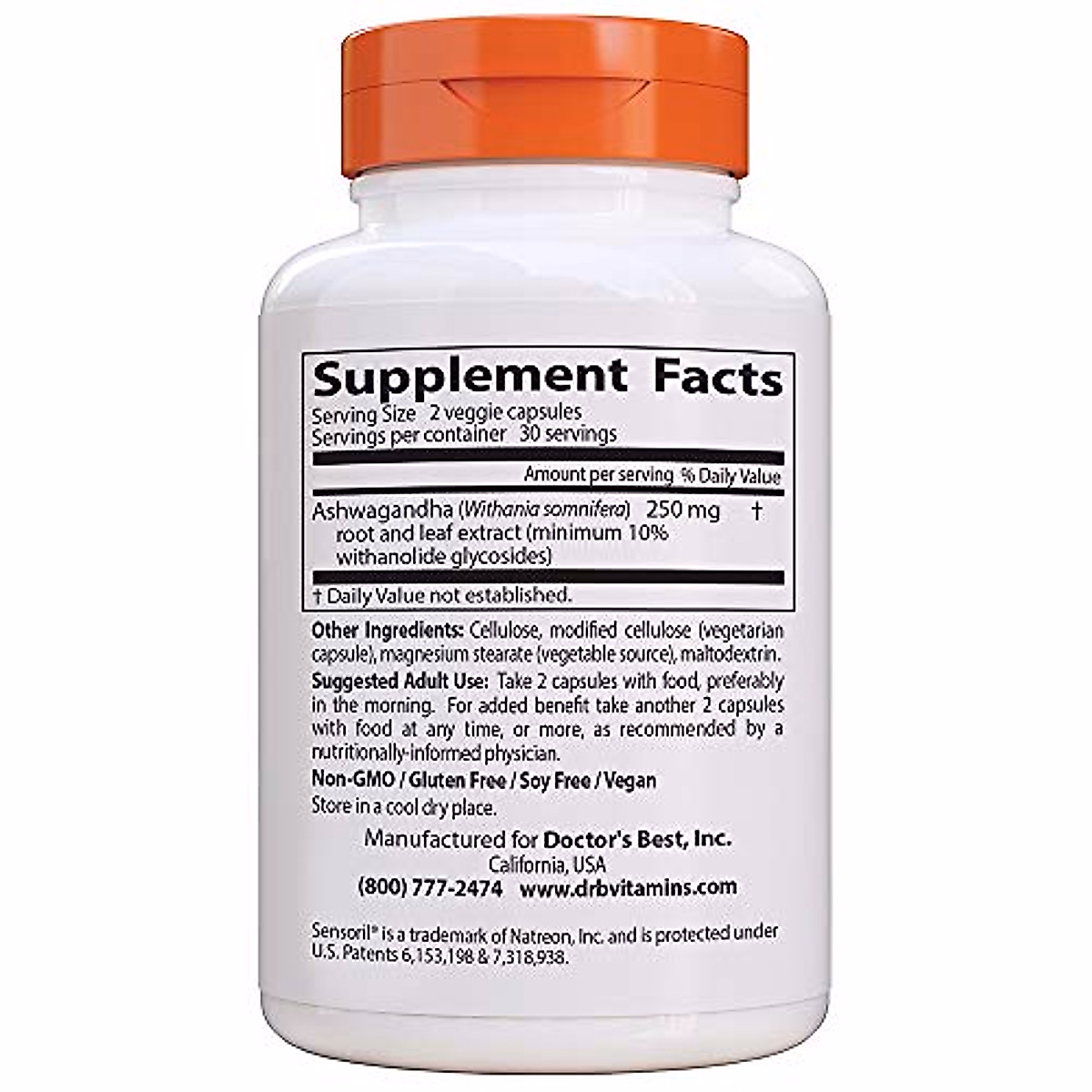 Doctor's Best Ashwagandha with Sensoril, Ayurvedic Herb, Standardized Withania somnifera Extract, Clinically Proven to Support Mental Focus, Cardiovascular Health & Healthy Energy, 125mg, 60 Count