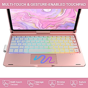 Touch IPAD Air 5th/4th Generation Case with Keyboard | Magic 360°Rotatable & Swivel Keyboard with Trackpad | 7 Color Backlit with Pencil Holder for iPad Pro 11 inch 3rd/2nd/1st Generation | Rose Gold
