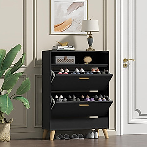 Shoe Storage Cabinet for Entryway, Free Standing Shoe Organizer with 2 Flip Drawers, Slim Narrow Hidden Shoe Rack Cabinet with Open Shelf, Shoe Cabinet for Hallway, Living Room (Black)