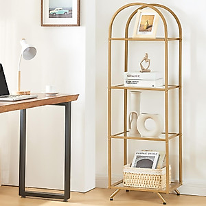 HOMBAZAAR Bookshelf,4-Tier Modern Bookcase,Book Shelf with Tempered Glass,Tall Bookshelf for Home Office, Bedroom and Living Room,Gold.