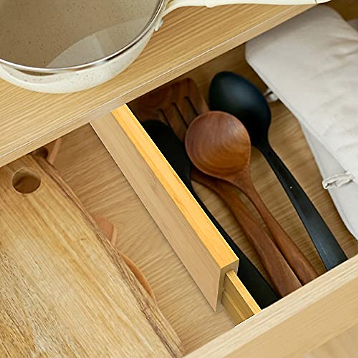 EcoFives Bamboo Separators, Expandable Drawer Divider, Adjustable Spring Loaded Drawer for Kitchen, Dresser, Bedroom, Baby Drawer, Bathroom & Office, Set of 8