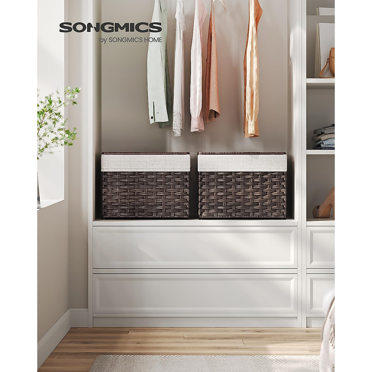 SONGMICS Storage Basket with Lid, 9.2 Gallon (35L) Storage Bin, Woven Blanket Storage Basket with Handles, Foldable, Removable Liner, Metal Frame, for Bedroom, Laundry Room, Brown URST040K01