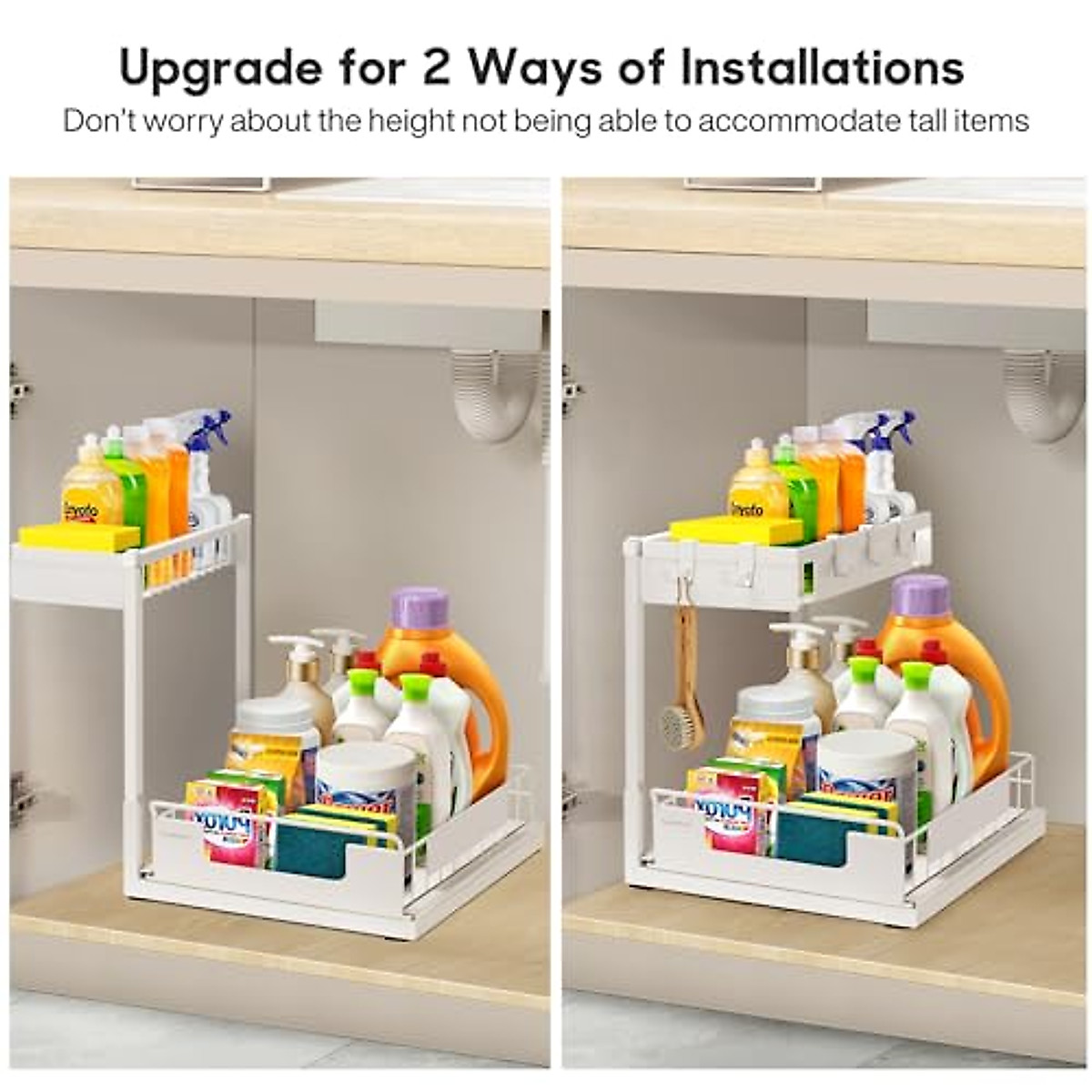 Large Under the Sink Organizer Bathroom, 2-Tier Kitchen Under the Sink Organizers and Storage with 4 Hooks, Cabinet Storage Shelves No Drilling Rustproof Stainless Steel Pull Out Shelf, White