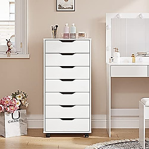 Panana 5/7 Drawer Chest, Wooden Tall Dresser Storage Dresser Cabinet with Wheels, Office Organization and Storage, Bedroom Furniture (White, 7 Drawer)
