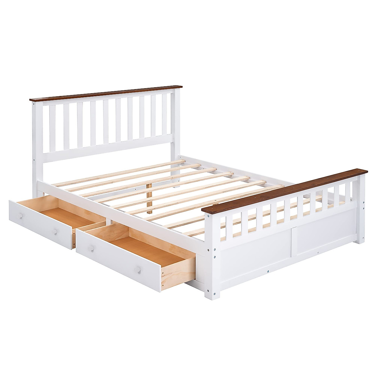 Bellemave Queen Bed Frame with 2 Storage Drawers Wood Platform Bed with Headboard & Footboard Panel Beds with Slats for Boys, Girls, Kids, Teens, White + Walnut