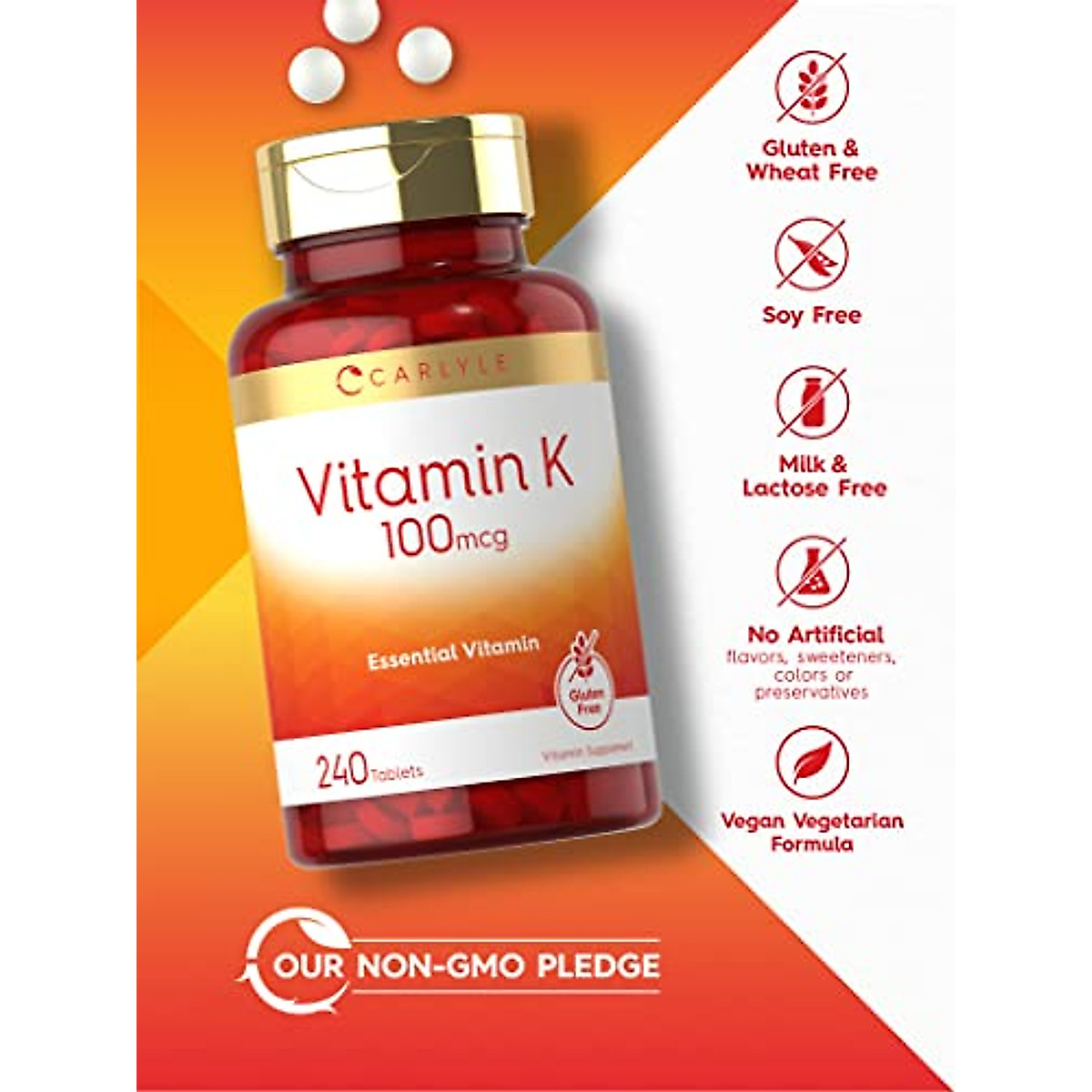 Carlyle Vitamin K 100 mcg | 240 Tablets | Vegetarian, Non-GMO, Gluten Free | Vitamin K Supplement