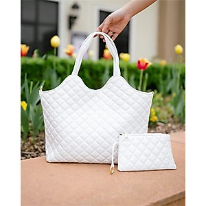Barabum Lightweight Quilted Tote Purse Women Handbags Wallet Bag Shoulder Bag Top Handle Satchel Purse Set(White)