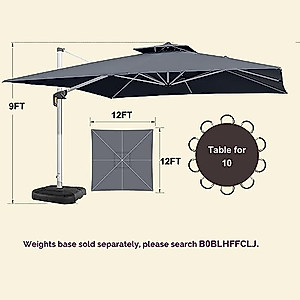 PURPLE LEAF 12 Feet Double Top Deluxe Square Patio Umbrella Offset Hanging Umbrella Cantilever Umbrella Outdoor Market Umbrella Garden Umbrella, Grey