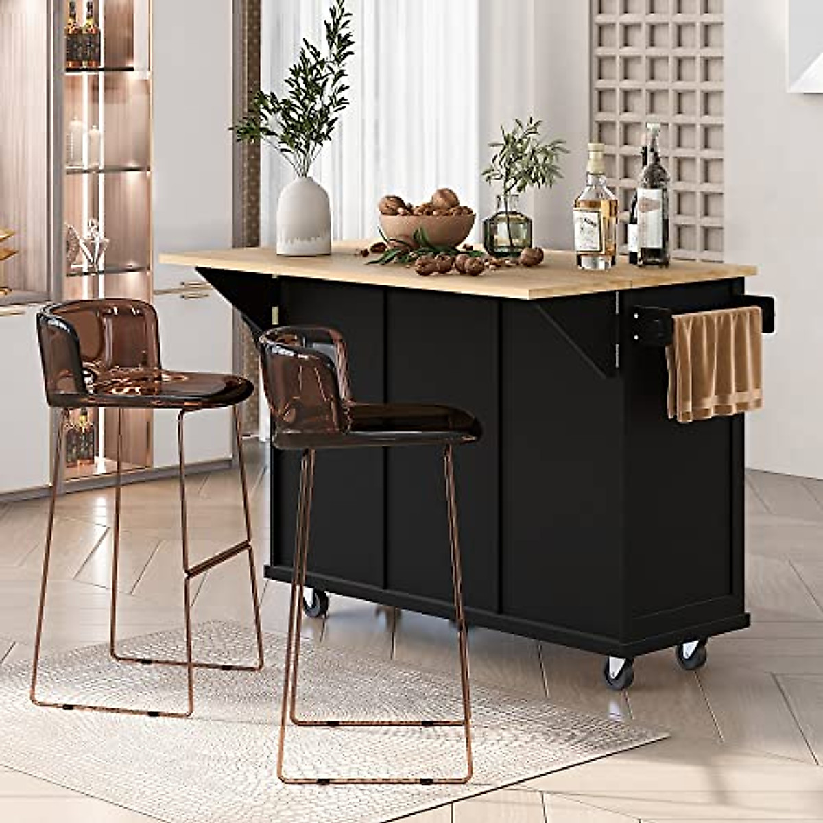 KELRIA Kitchen Cart with Drop-Leaf Countertop, Kitchen Island on 5 Universal Wheels with Open Shelves, Storage Cabinet and 3 Drawers, Large Rubberwood Top Breakfast Bar for Dining Room