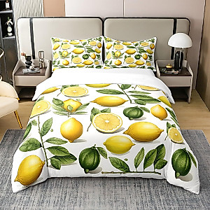 Manfei Lemon 100% Nature Cotton Duvet Cover,Yellow Summer Fruits Botanical Leaves Bedding Set for Room Decor,Rustic Farmhouse Style All Season Bedding with Zipper Closure Queen Size