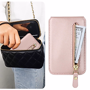 Cavor Compatible with Apple Magsafe Wallet with Adjustable Stand,Magnetic Wallet for iPhone 16 Pro Max/15/14 Plus/13/12 Magsafe Card Holder Magsafe Phone Wallet Zipper Pocket-Pink