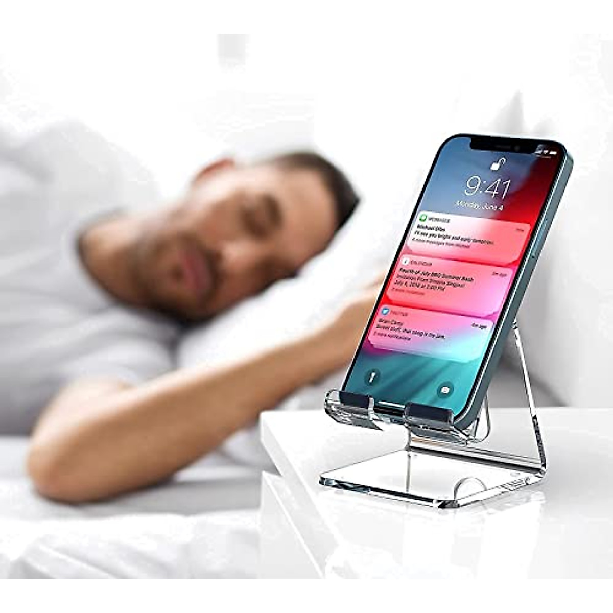 Crpich Acrylic Cell Phone Stand, Portable Phone Holder, Clear Phone Stand for Desk, Compatible with Phone 13 12 Pro Max Mini 11 Xr 8 Plus SE, Switch, Android Smartphone, Pad, Tablet, Desk Accessories