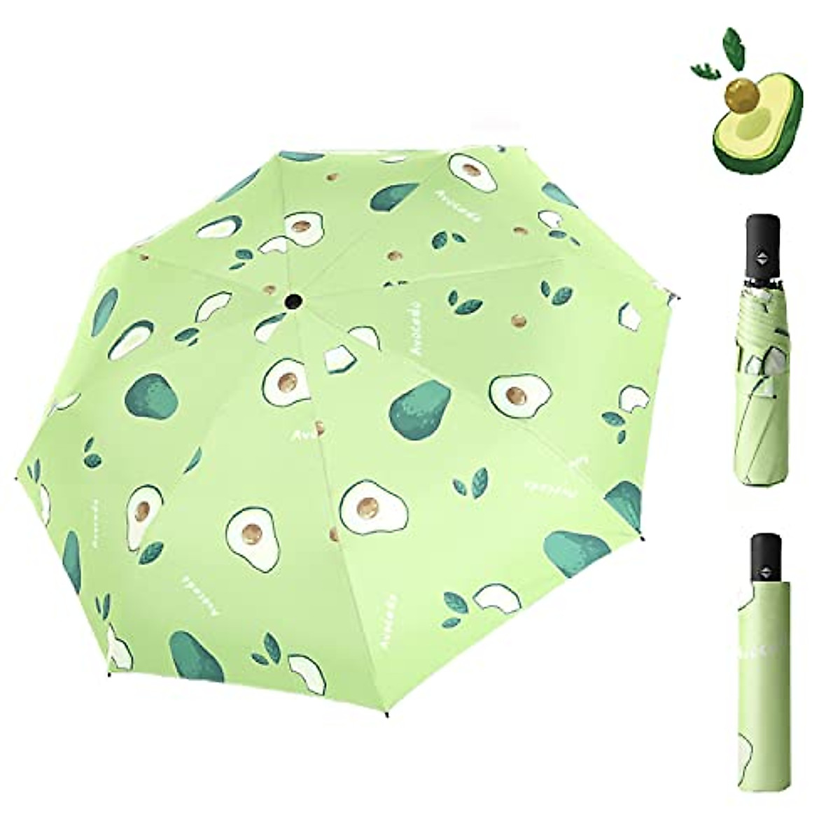 CatXQ Fruits Series Automatic Folding Umbrellas,[Rain & Sun,Windproof,Compact,Lightweight] Portable Travel Umbrellas for Woman Girl Kids - Avocado