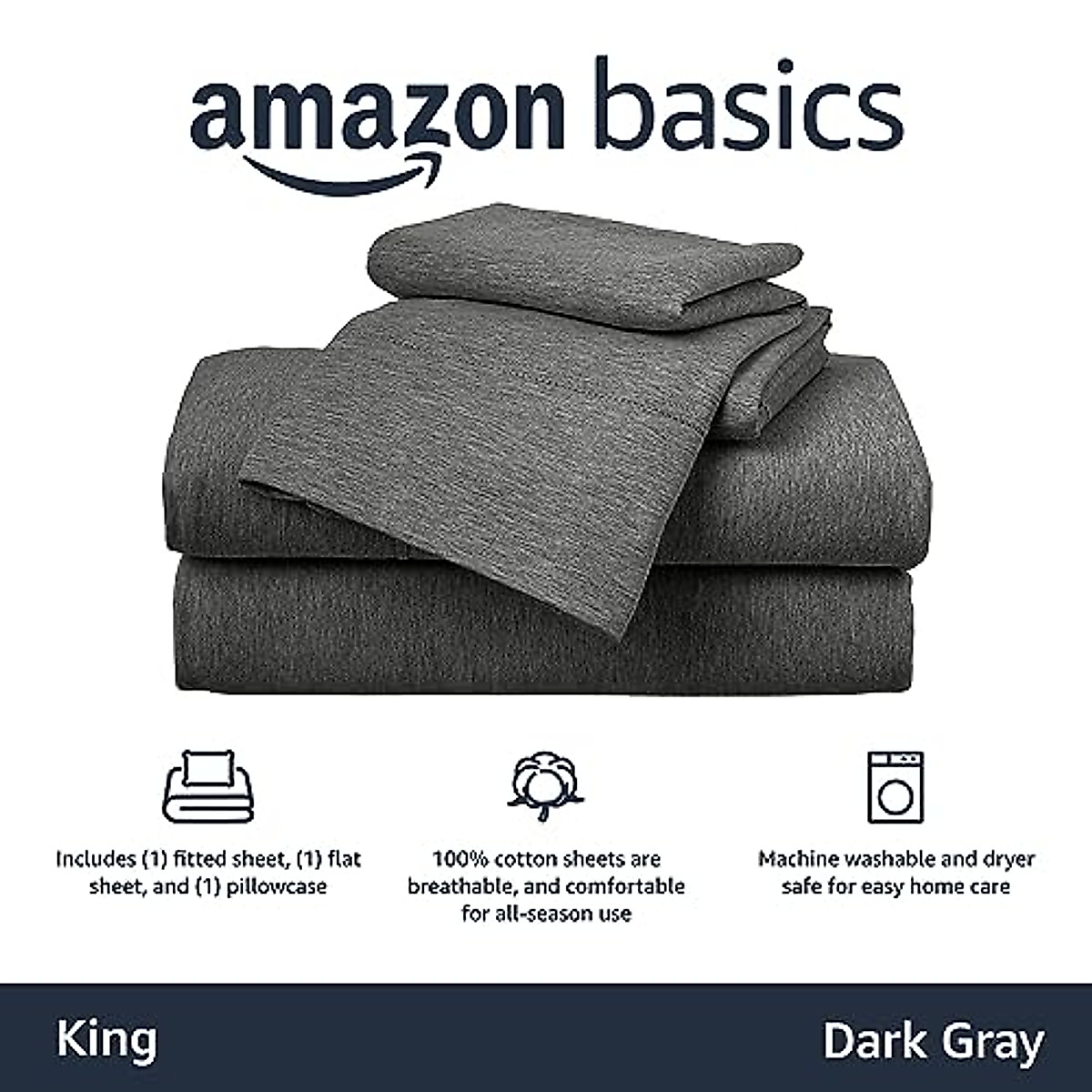 Amazon Basics Cotton Jersey 4-Piece Bed Sheet Set, King, Dark Gray, Solid