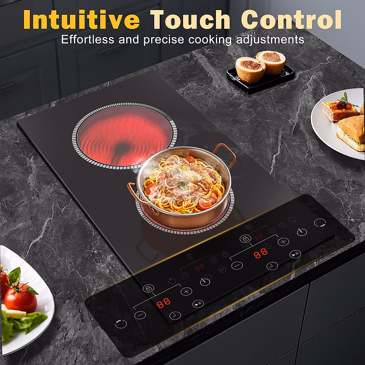 2 Burner Electric Cooktop, 12 Inch Electric Stove​ 120V 2000W Plug-in Stove Top with Timer, 9 Level Adjustment, Pause Control & Child Lock, Countertop & Built-in, Sensor Touch, Pladeca