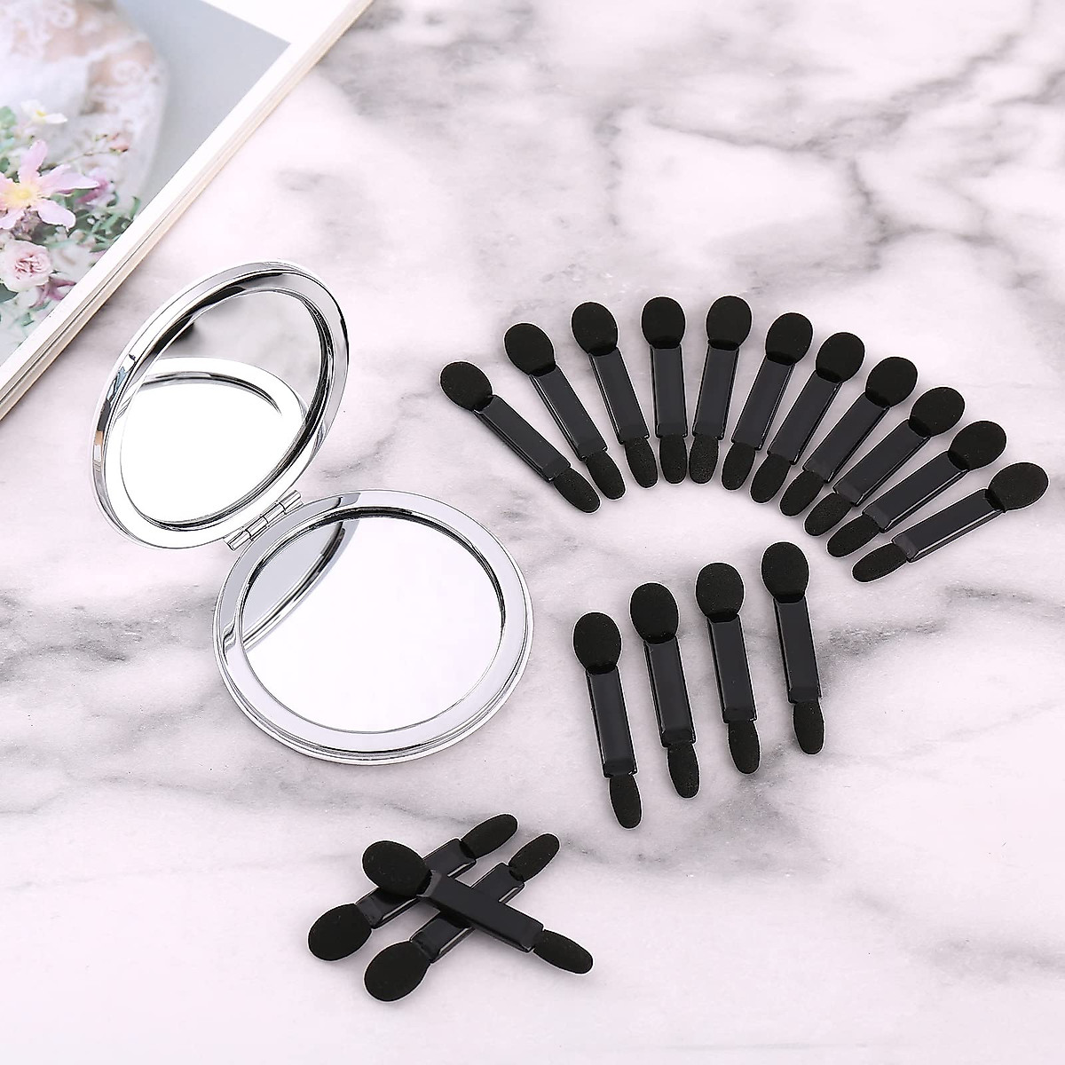 Deksias 2X Times Mirror in Pocket Magnify Round 2 Side Make up Compact Pu Folding Collapsible Mirrors with Extra 20PCS Eyeshadow Sponge Brush