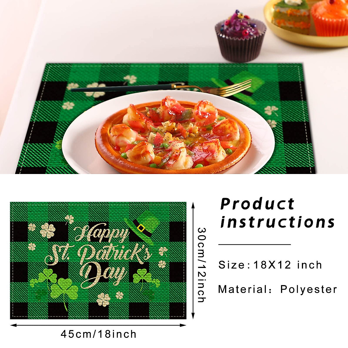 Tatuo 6 Pcs St. Patrick's Day Placemats Buffalo Plaid Placemats Lucky Clover Shamrock Blessed Table Mats Non Slip Heat Resistant Washable Place Mats for Kitchen Dining, 12 x 18 Inch (Stylish Style)