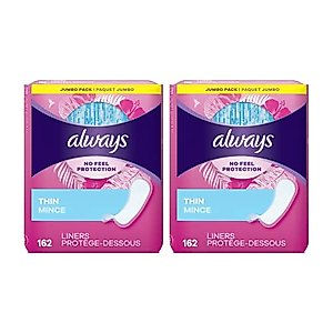 Always Thin No Feel Protection Daily Liners Regular Absorbency Unscented, 162 Count - Pack of 2 (324 Count Total)