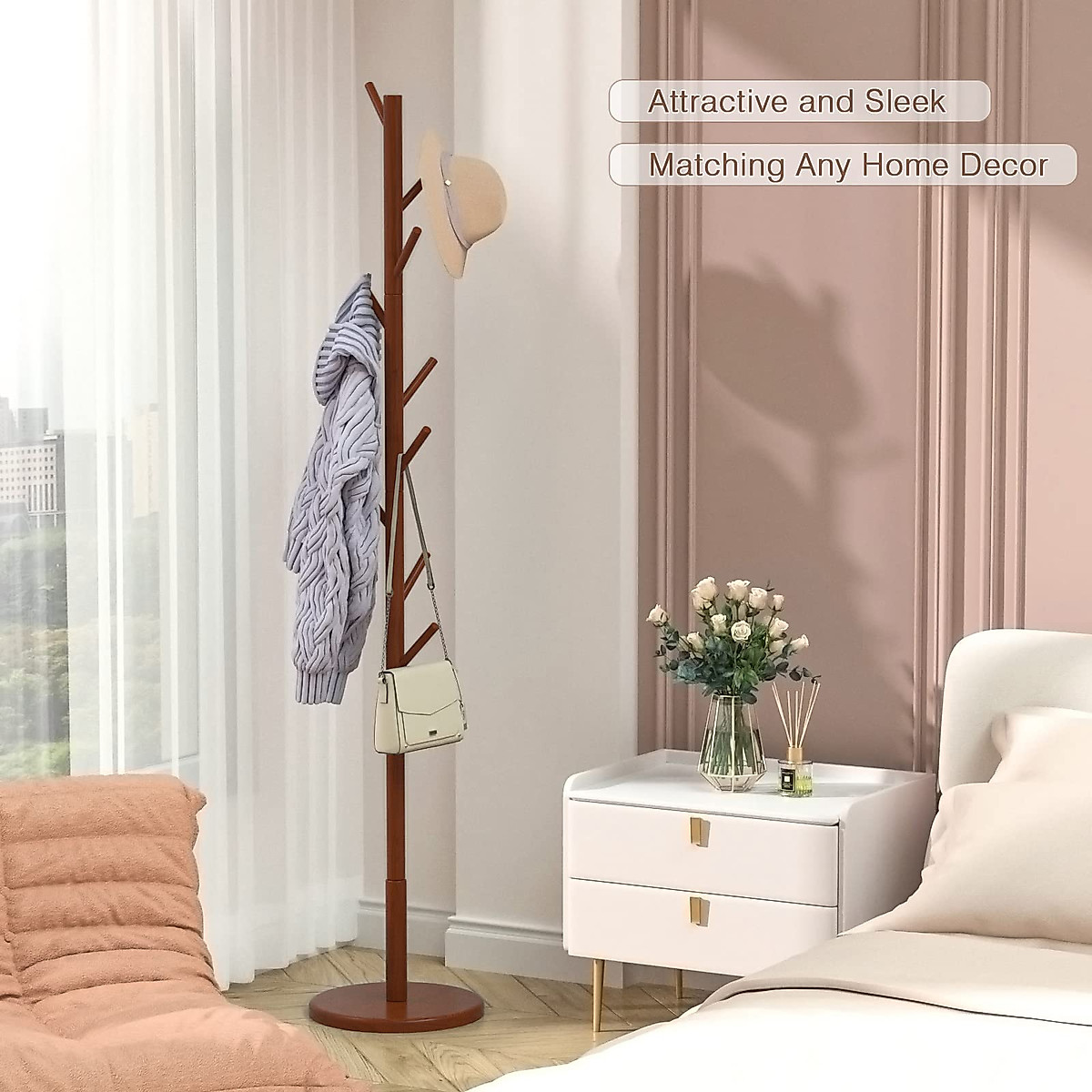 Wooden Coat Rack Freestanding Coat Tree with 4 Height Options and 9 Hooks, Sturdy Coat Rack Stand for Clothes/Bags/Hats, Easy Assemble Save Space for Entryway,Bedroom,Office,Narrow Place (Brown)