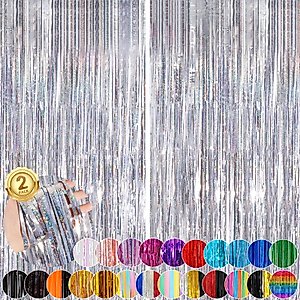 Silver Party Streamers 2Pack Metallic Tinsel Foil Fringe Curtains 3.3X 8.3ft Party Decors for Photo Booth Photoshoot Bridal Shower Engagement Disco Bachelorette Party Decors Streamers for Christmas