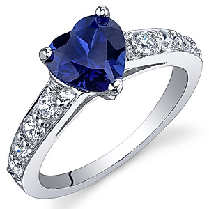 PEORA Created Blue Sapphire Heart Promise Ring for Women 925 Sterling Silver, 1.75 Carats Heart Shape 7mm, Comfort Fit, Size 9