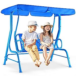 Costzon Patio Swing, All-Weather Porch Swing w/ Safety Belt, 2 Seats Outdoor Lounge Chair Hammock w/ Removable Canopy, Outdoor Swing Bench for Backyard Lawn Garden (Puppy Pattern, Blue)