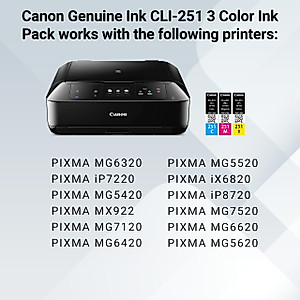 Canon CLI-251XL 3 Color Multi Pack Compatible to MG6320, iP7220, MG5420, MX922, MX722, MG7120, MG6420, MG5520, iX6820, iP8720, MG7520, MG6620, MG5620
