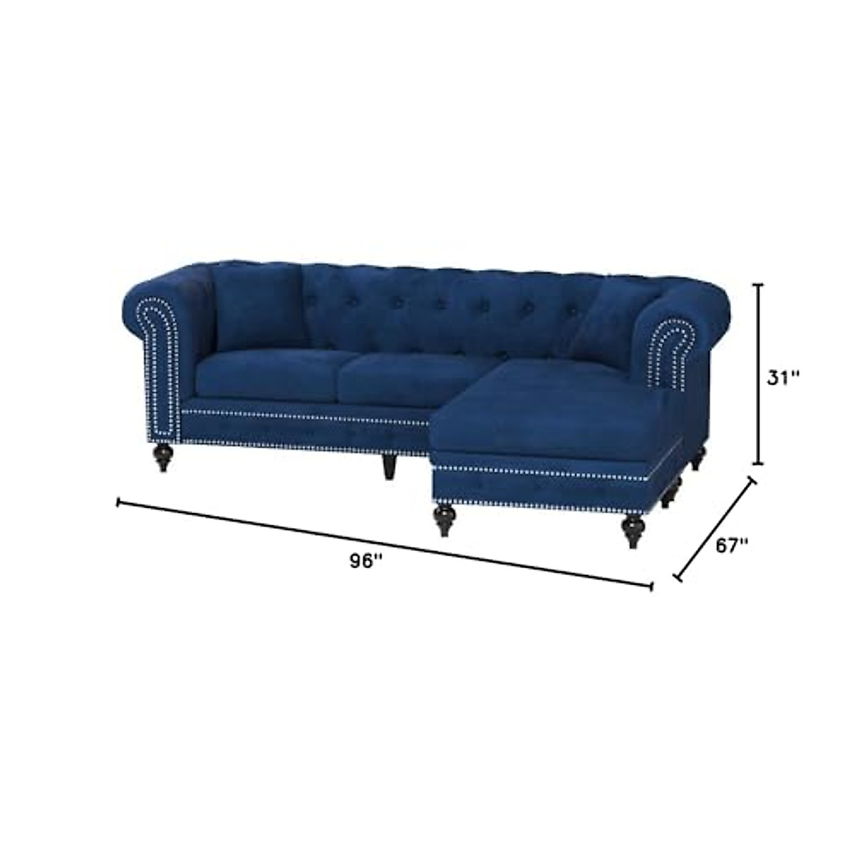 Meridian Furniture Sabrina REVERSIBLE 2 Piece Button Tufted Velvet Sectional with Scroll Arms, Nailhead Trim, and Custom Wood Legs, Navy