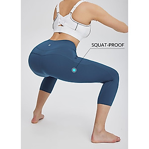 BALEAF Women's Capri Leggings with Pockets Yoga Plus Size High Waisted Workout Running Gym Casual Pants Denim Blue M